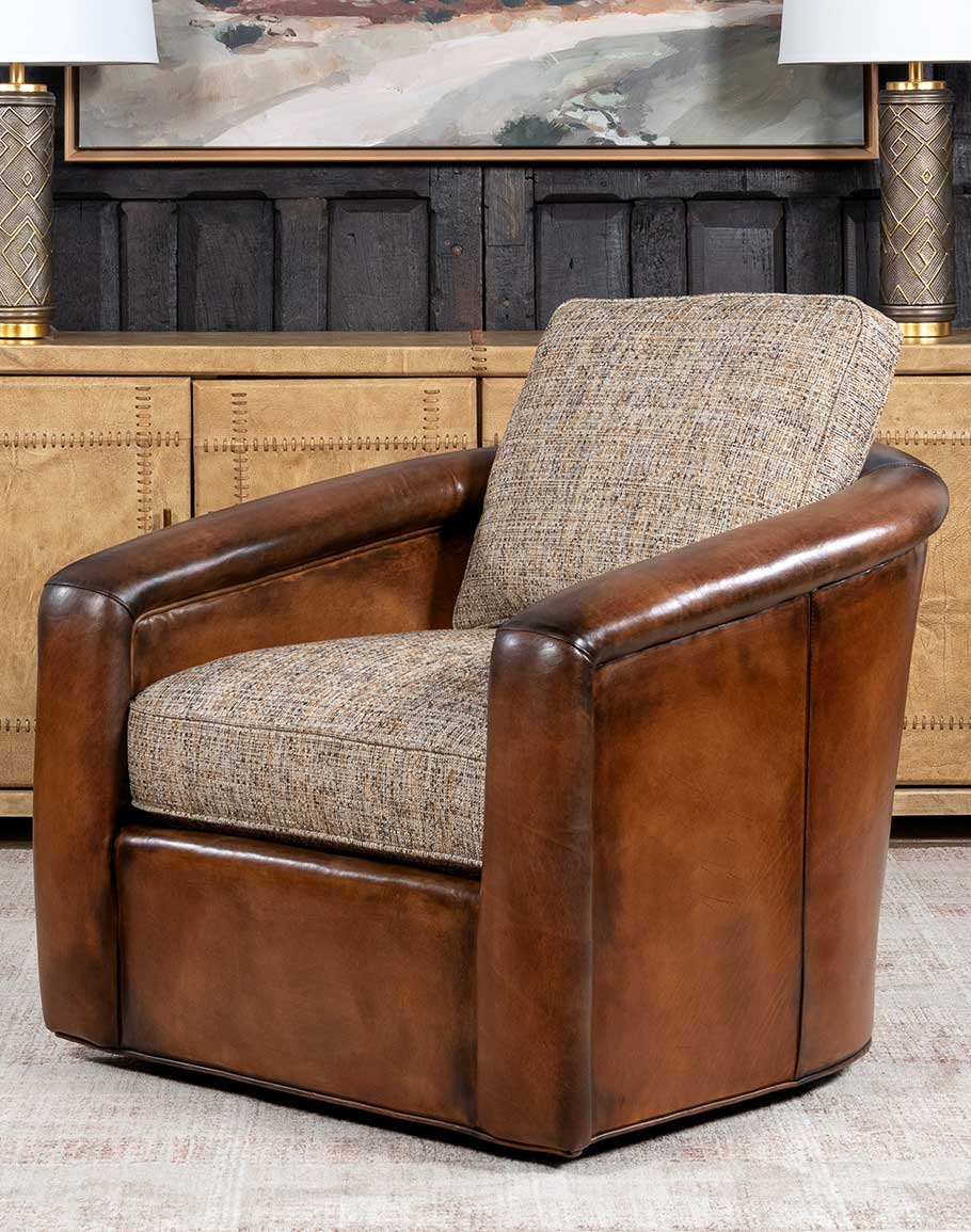 Ella Cocoa Barrel Leather Tweed Fabric Swivel Chair - Mocha Brown ...