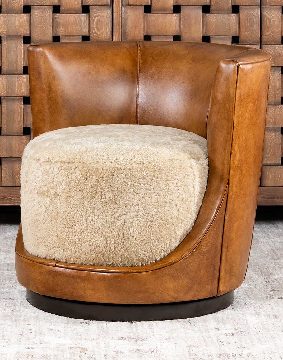 Taos Small Barrel Leather Shearling Swivel Chair - Tan, Luxury Western ...